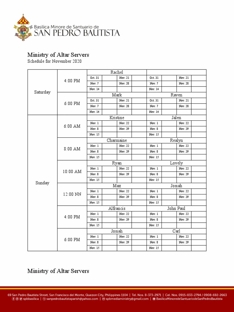 Ministry of Altar Servers: Schedule For November 2020 Rachel | Download Free PDF | Christian ...