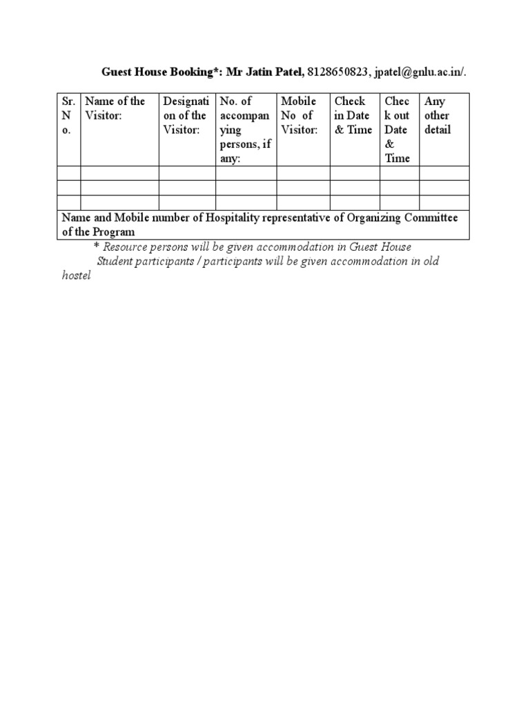 Guest House Booking Form for Visitors | PDF