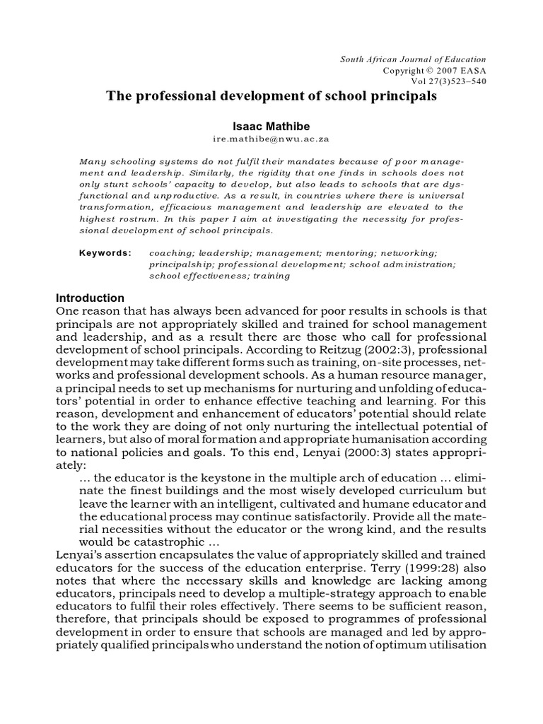 The Professional Development of School Principals: Isaac Mathibe | PDF ...