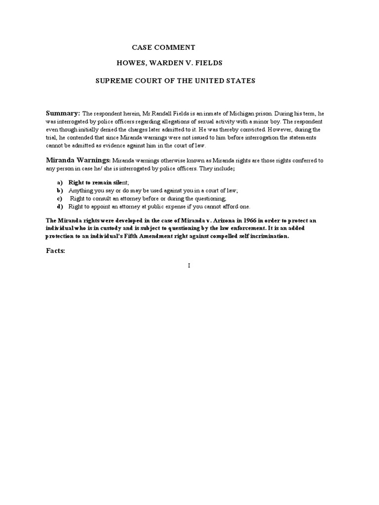Case Comment Howes, Warden V. Fields Supreme Court of The United States ...