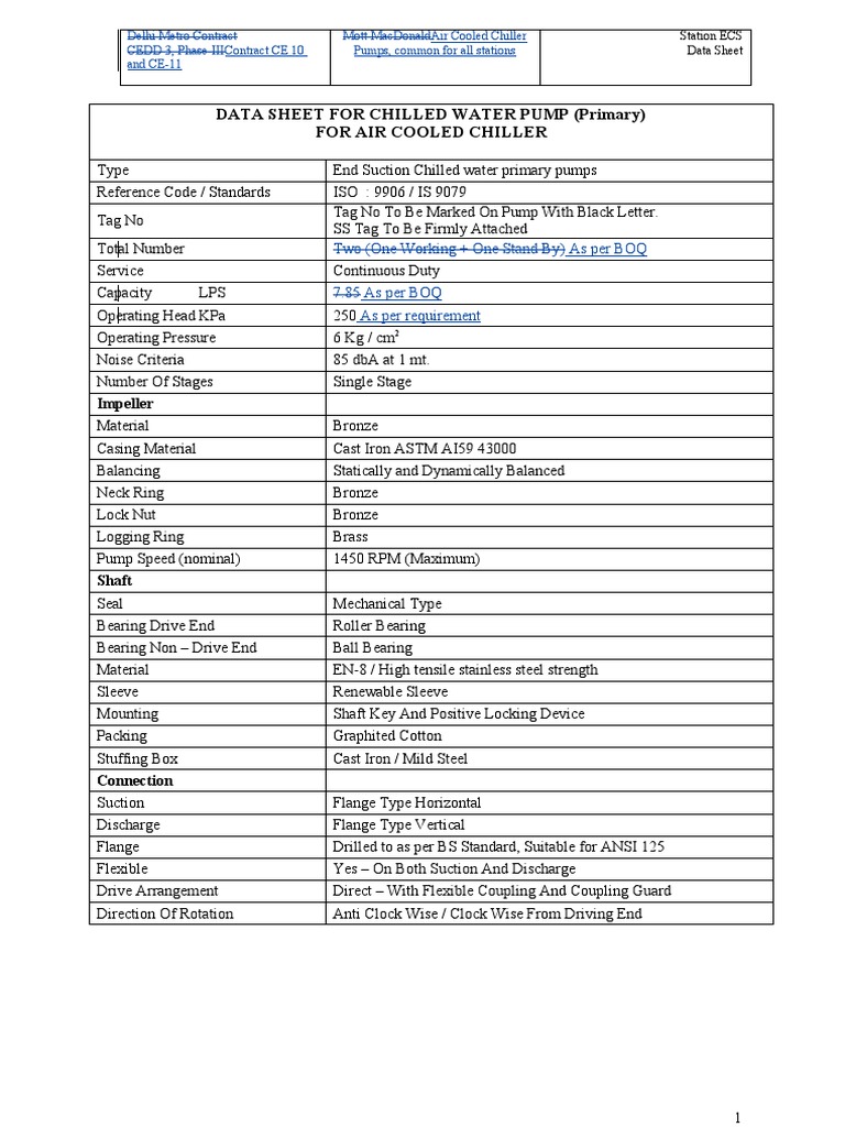 Data Sheet For Chilled Water Pump (Primary) For Air Cooled Chiller ...