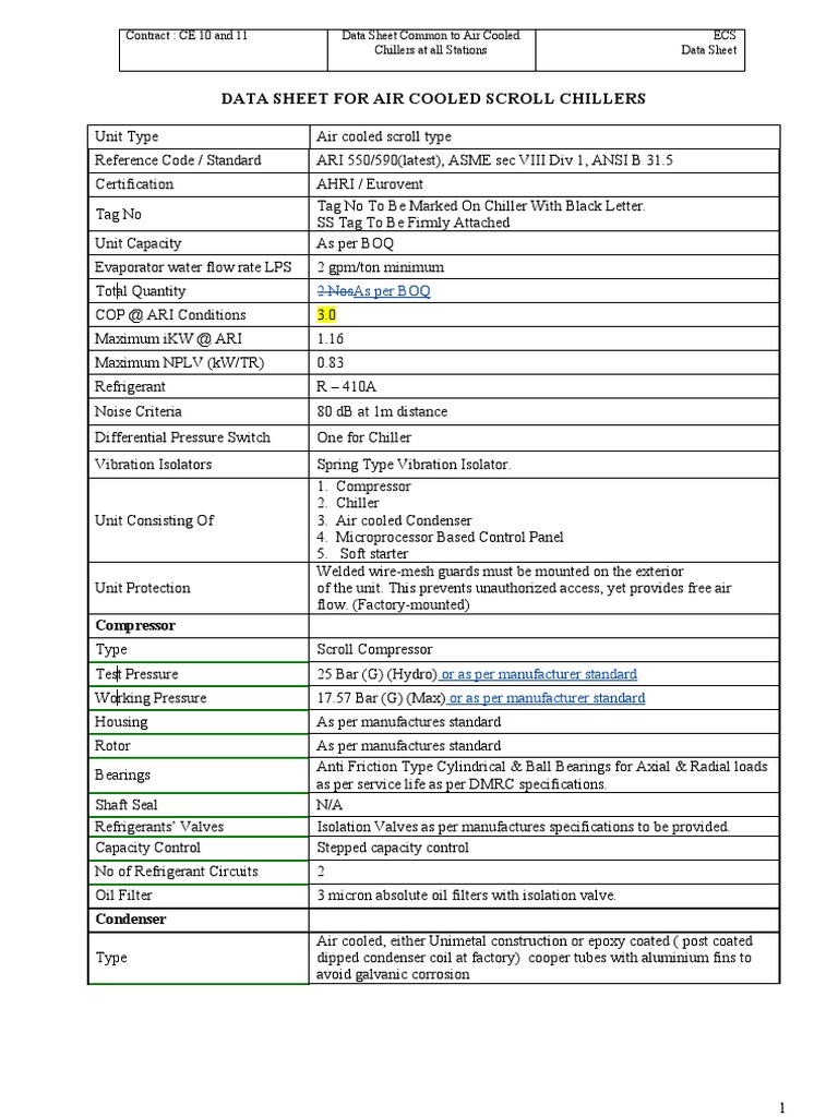 Data Sheet For Air Cooled Scroll Chillers: 2 Nosas Per Boq | PDF ...