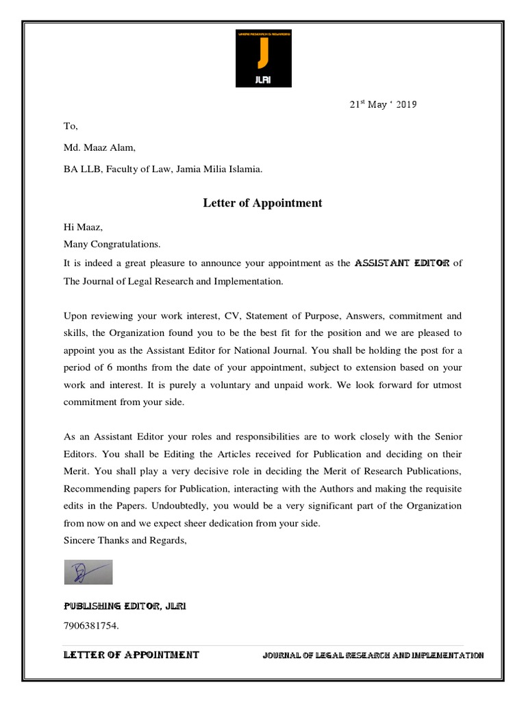 Letter of Appointment - JLRI Maaz | PDF
