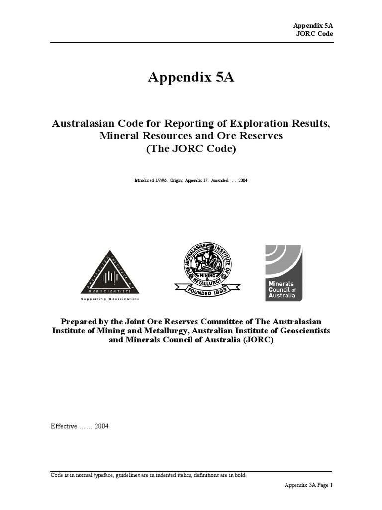 Final Draft Appendix 5A Jorc 11 May 2004 | PDF | Minerals | Science