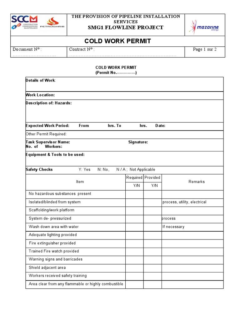 Cold Work Permit: Smg1 Flowline Project | PDF | Hazards | Safety
