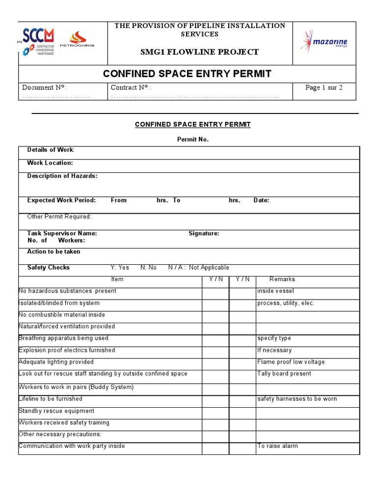 Confined Space Entry Permit Template | PDF | Hazards | Prevention