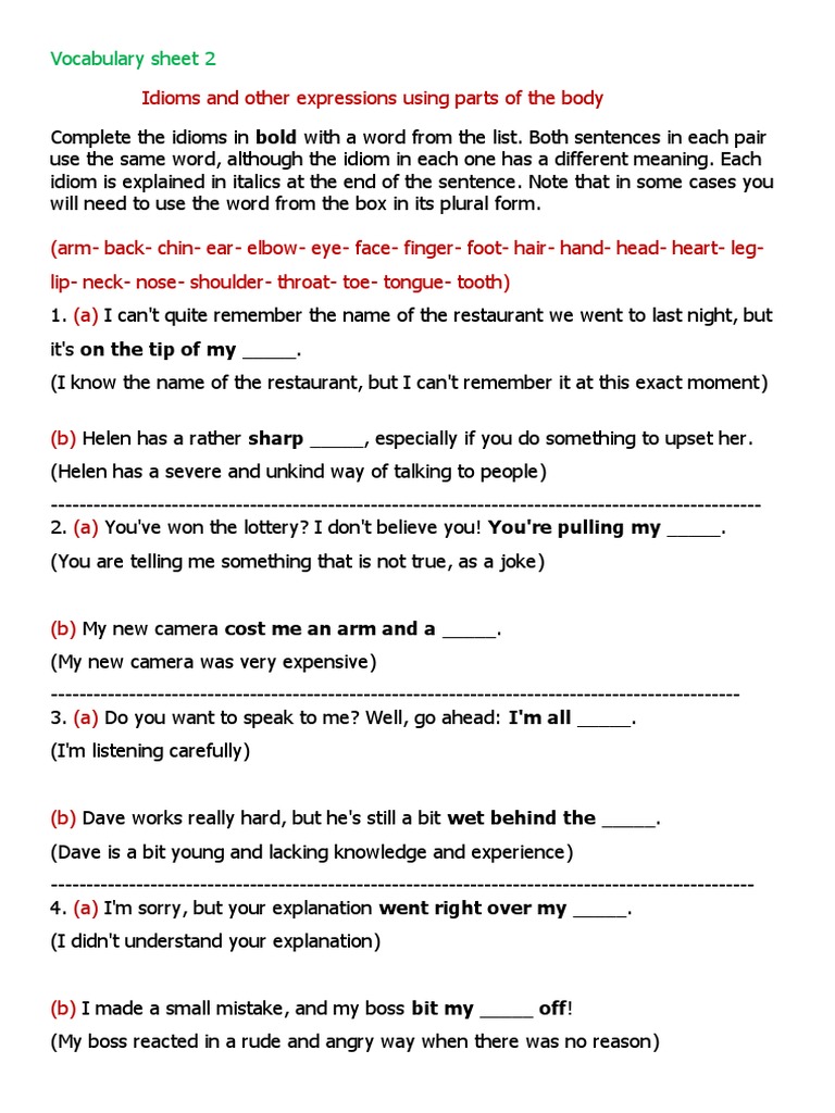 Vocabulary Sheet 2 Body Parts Idioms | PDF