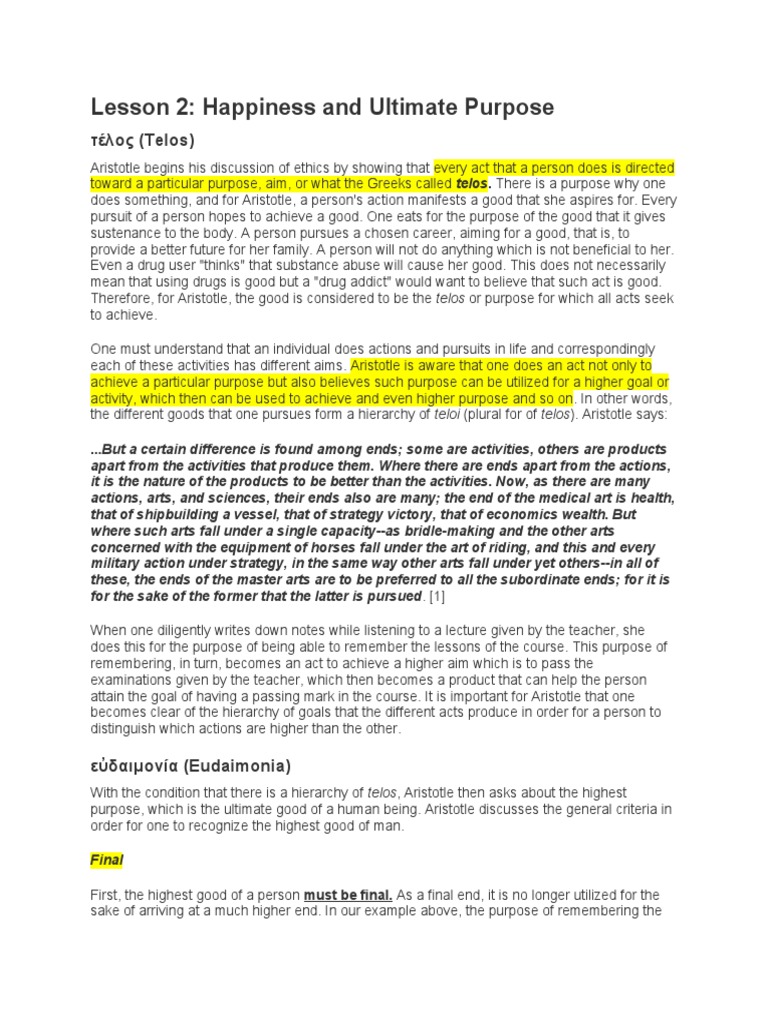 Lesson 2: Happiness and Ultimate Purpose: τέλος (Telos) | PDF ...