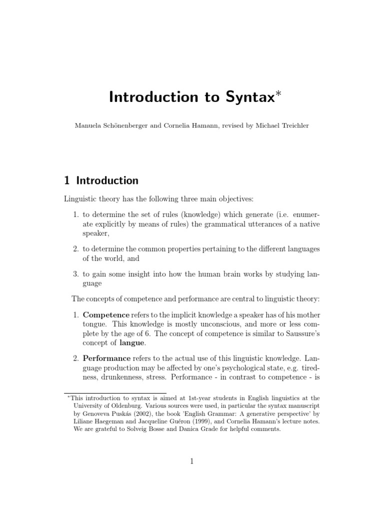 Introduction To Syntax: Manuela SCH Onenberger and Cornelia Hamann, Revised by Michael Treichler ...
