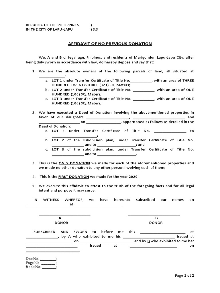 Sample Affidavit of No Previous Donation | PDF | Real Property Law ...