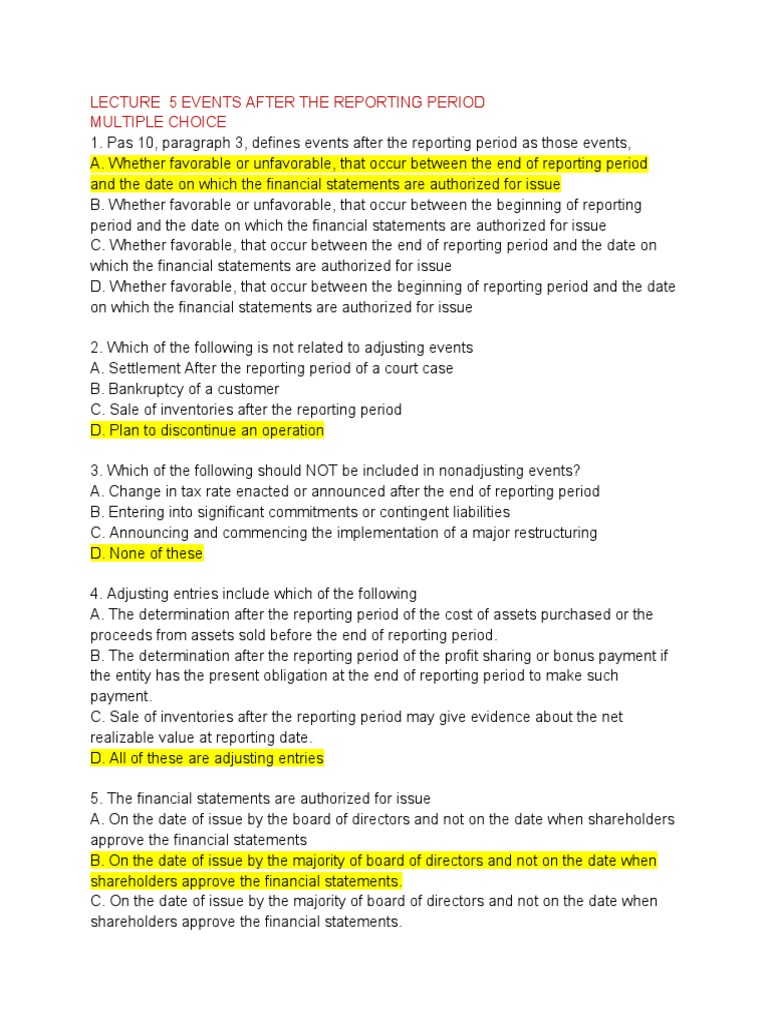 Lecture 5 Events After The Reporting Period Multiple Choice | Download ...