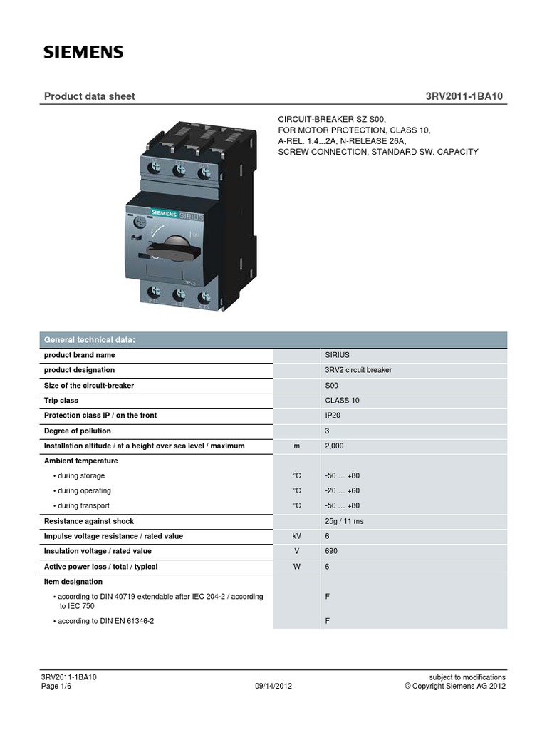 Product Data Sheet 3RV2011-1BA10 | PDF | Switch | Electromagnetism