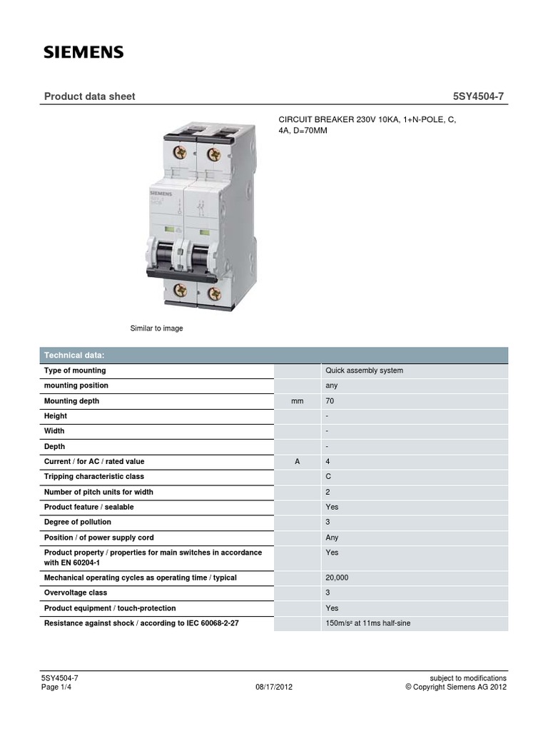 Product Data Sheet 5SY4504-7: Circuit Breaker 230V 10ka, 1+N-Pole, C, 4A, D 70MM | PDF ...