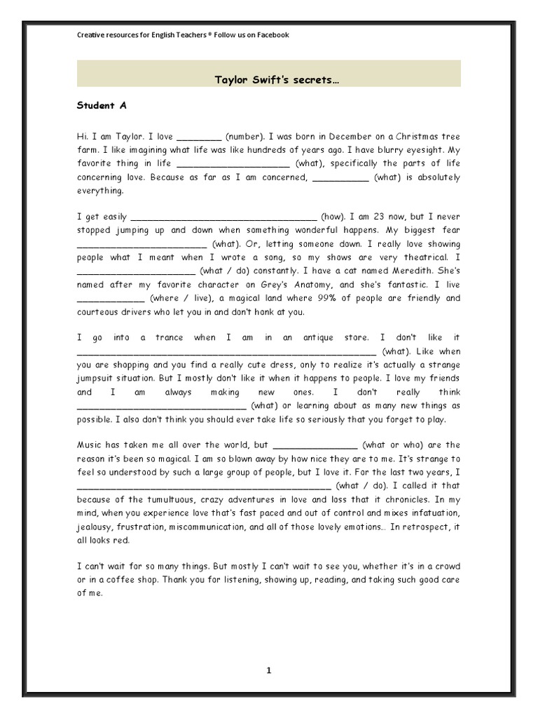 Taylor Swift's Secrets : Student A | PDF