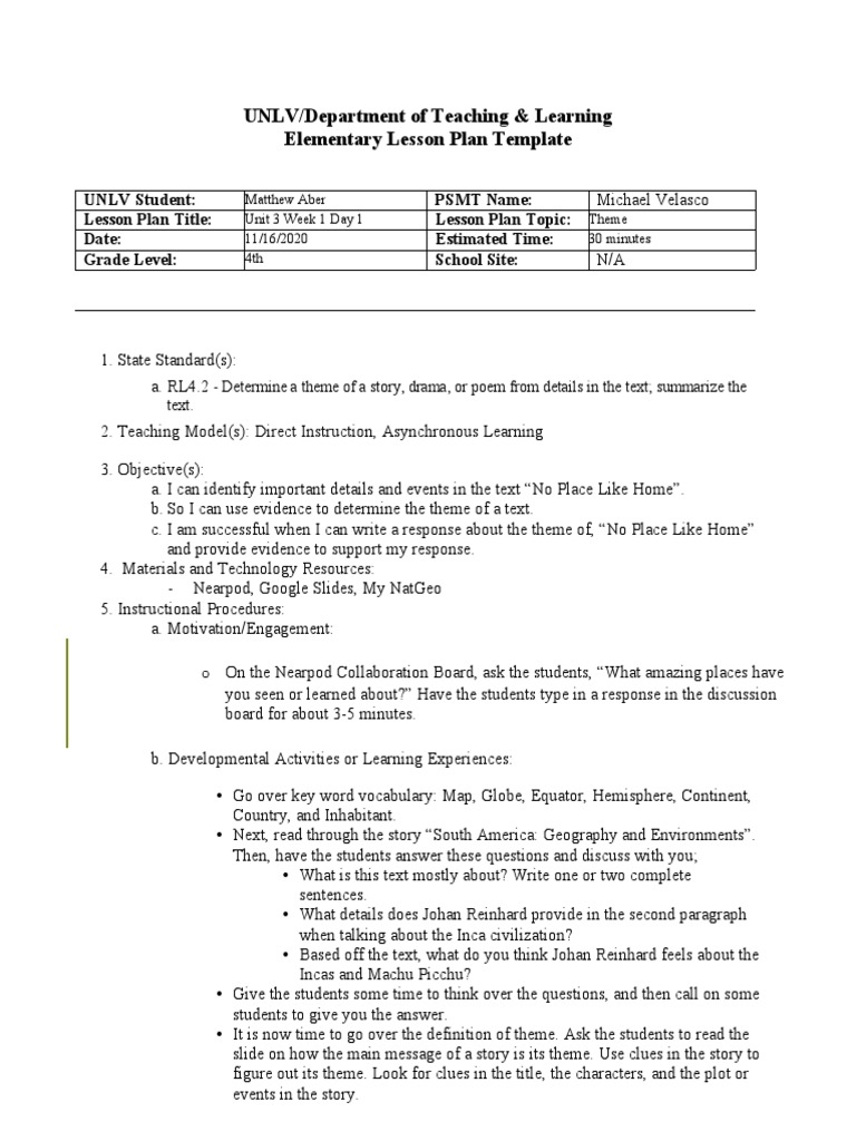 UNLV/Department of Teaching & Learning Elementary Lesson Plan Template ...