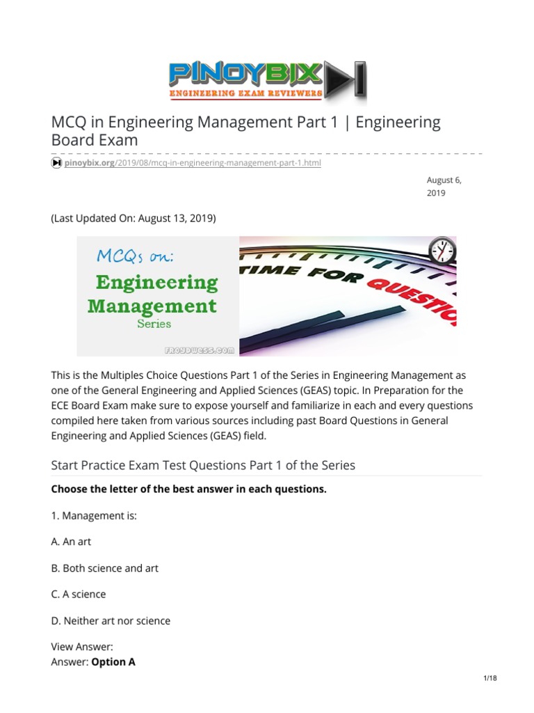 MCQs for Engineering Management Exam | PDF | Multiple Choice | Project ...