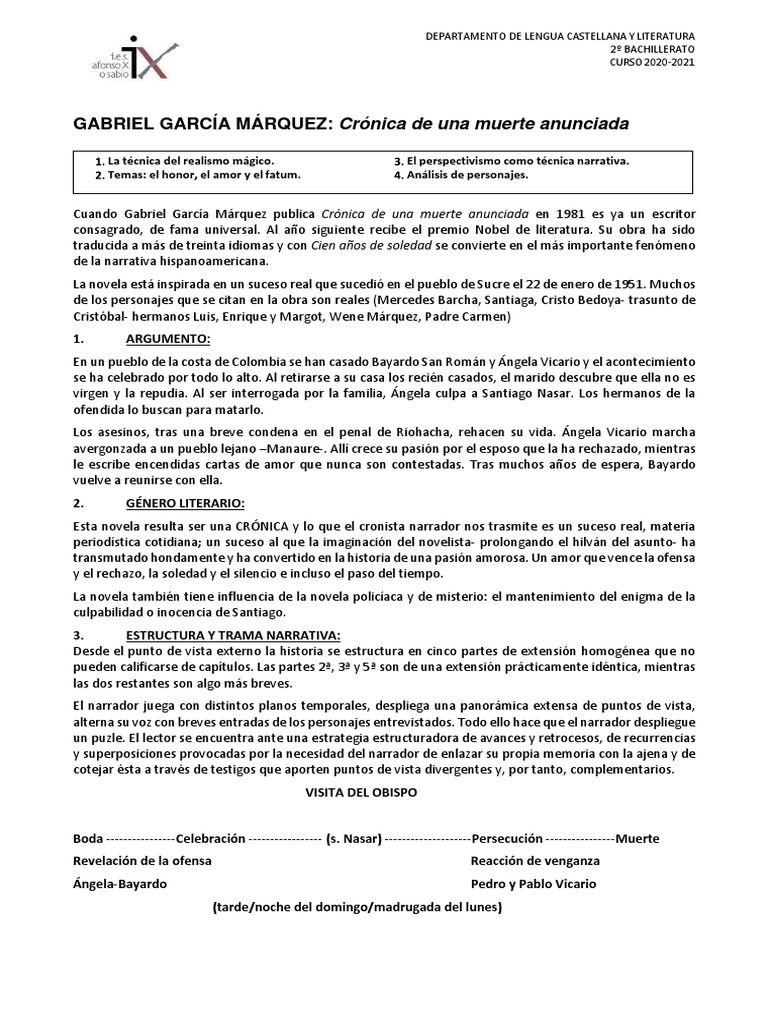 CRÓNICA DE UNA MUERTE ANUNCIADA Apuntes y Ejercicios | PDF | Gabriel ...