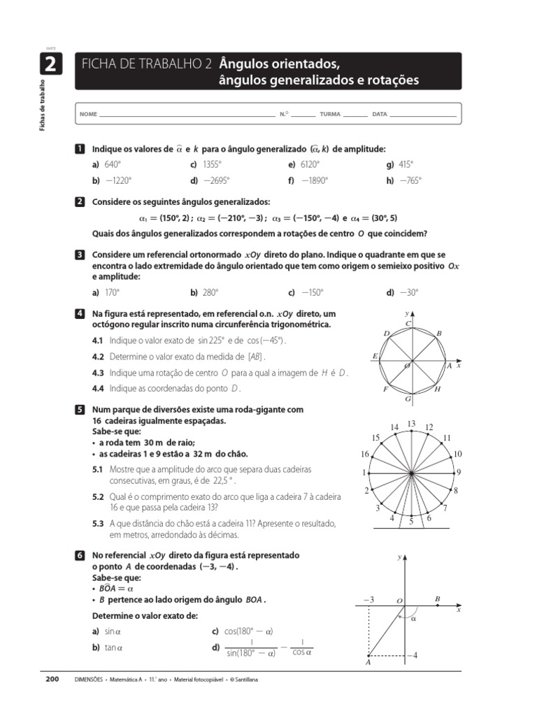 Ficha de Trabalho 02 - 11 Ano - Angulos Orientados, Generalizados e Rotacoes | PDF | Ângulo ...