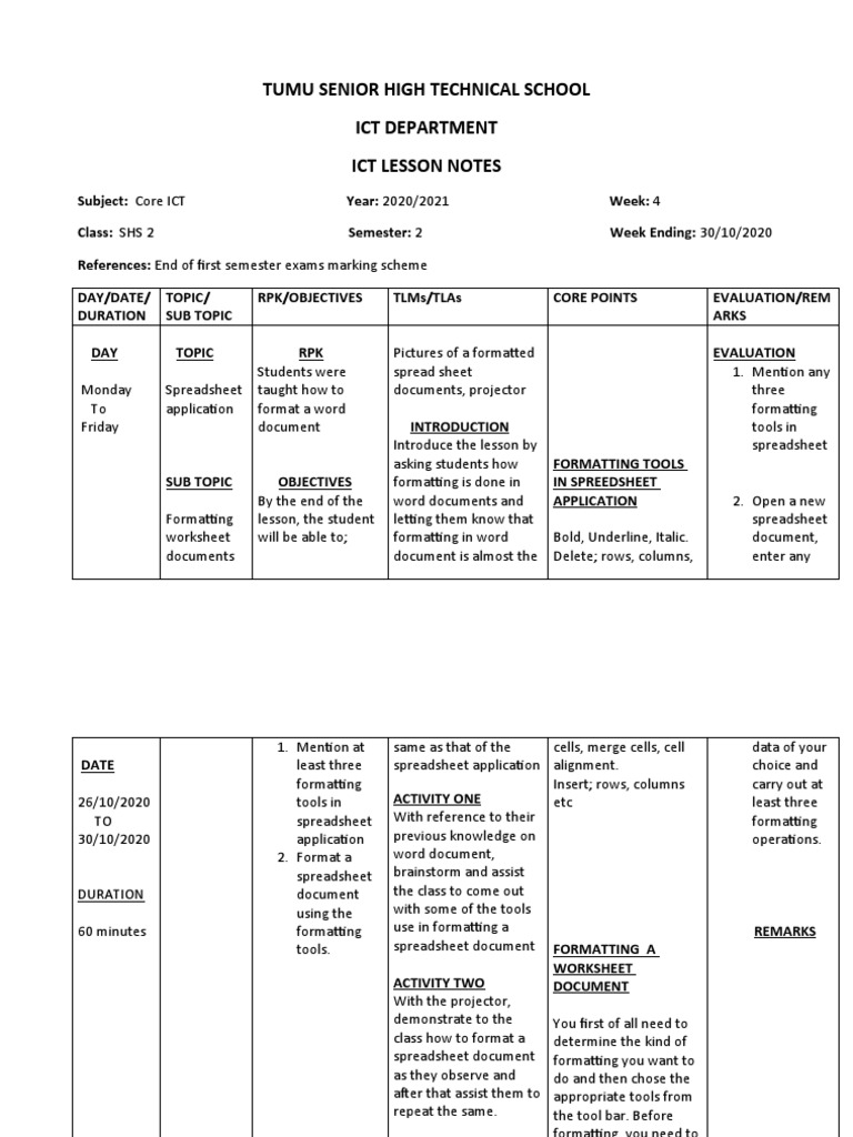 Lesson Notes 4 | PDF | Spreadsheet | Behavior Modification