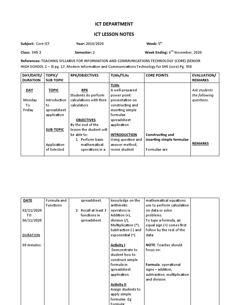 Lesson Notes ICT FORM 2 LESSON 5 | PDF | Spreadsheet | Educational ...