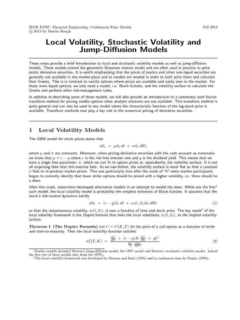 Local Volatility Stochastic Volatility And Jump Diffusion Models Pdf Volatility Finance