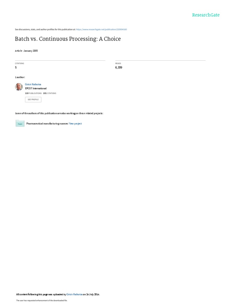 Batch vs. Continuous Processing: A Choice: January 2005 | PDF | Food And Drug Administration ...