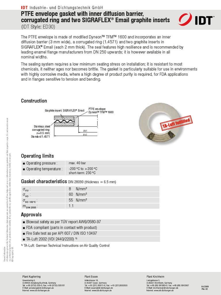 PTFE Envelope Gasket ED30 Graphite 2009 04 en | PDF | Industrial ...