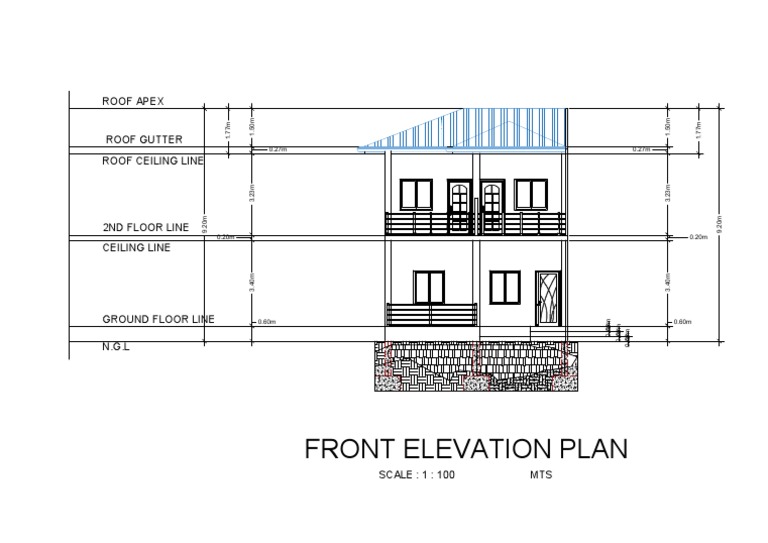 Front Elevation Plan of a Two-Story Building with Dimensioned Roof ...
