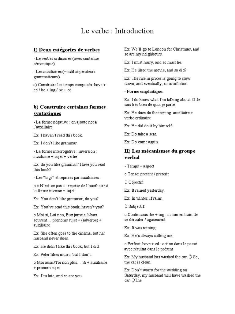 Le Verbe: Introduction: I) Deux Catégories de Verbes | PDF | Linguistic ...