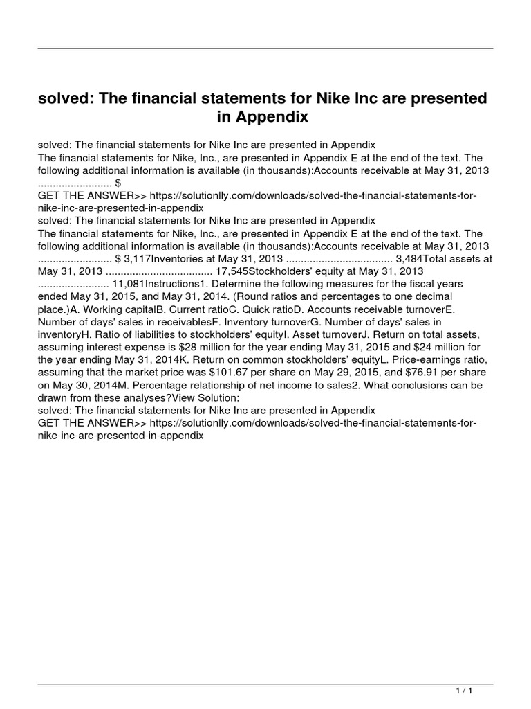 Solved the Financial Statements for Nike Inc Are Presented in Appendix ...