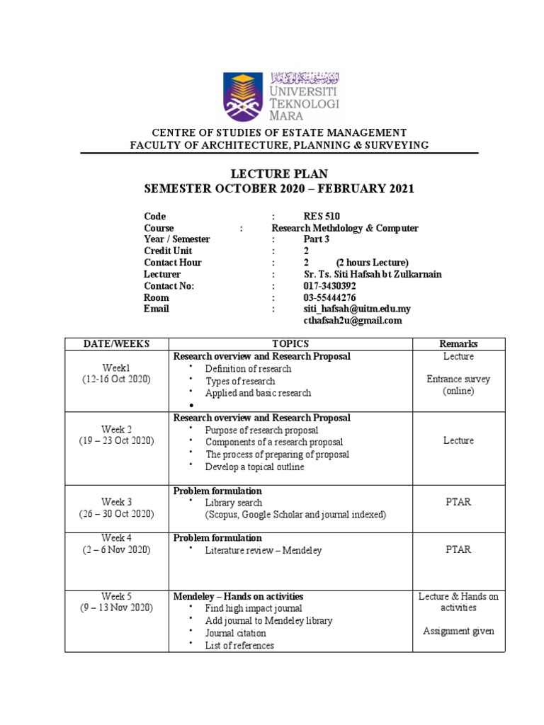 Lecture Plan Semester October 2020 - February 2021 | PDF | Academia ...
