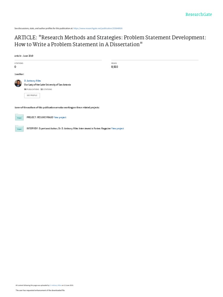 ARTICLE Research Methods and Strategies Problem Statement Development How To Write A Problem ...