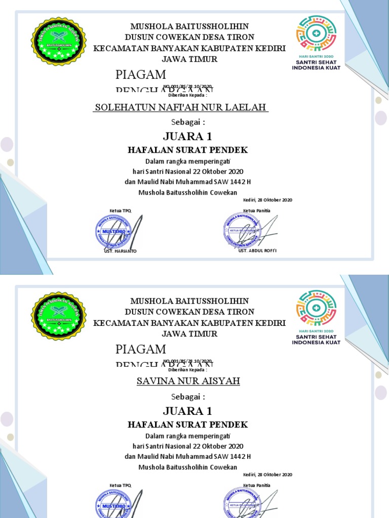 Piagam Penghargaan TPQ | PDF