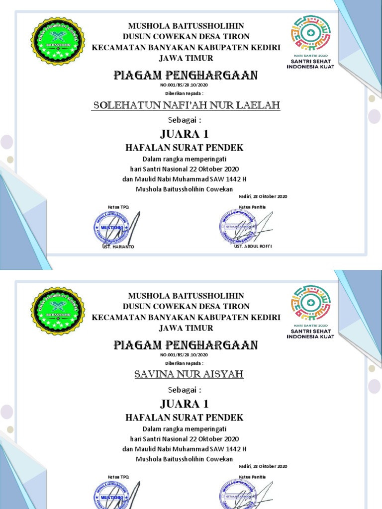 Piagam Penghargaan TPQ PDF | PDF