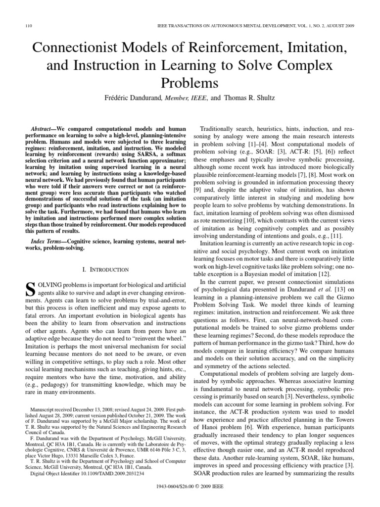 Connectionist Models Of Reinforcement Imitation And Instruction In Learning To Solve Complex