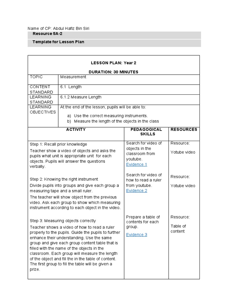 Resource 5A-2 Template For Lesson Plan: Evidence 1 | PDF | Lesson Plan ...