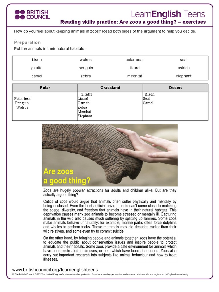 Reading Skills Practice: Are Zoos A Good Thing? - Exercises ...