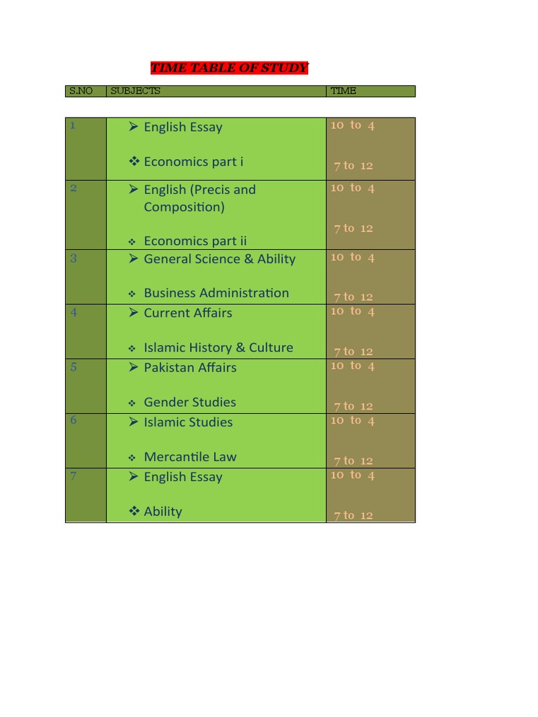 Time Table of Study | PDF