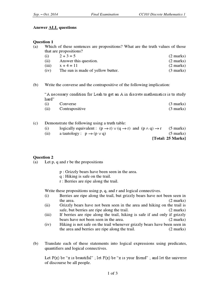 Answer ALL Questions | PDF | Mathematical Logic | Logical Expressions