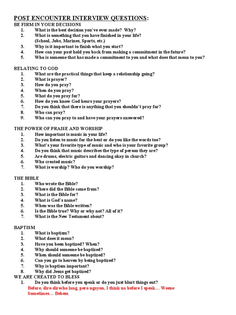 Post Encounter Interview Questions | PDF | Baptism | Prayer