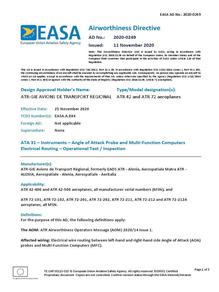 EASA AD 2020-0249 (ATA 31 - Instruments - Angle of Attack Probe and ...