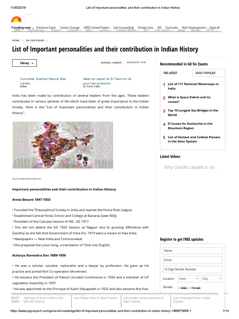 List of Important Personalities and Their Contribution in Indian ...