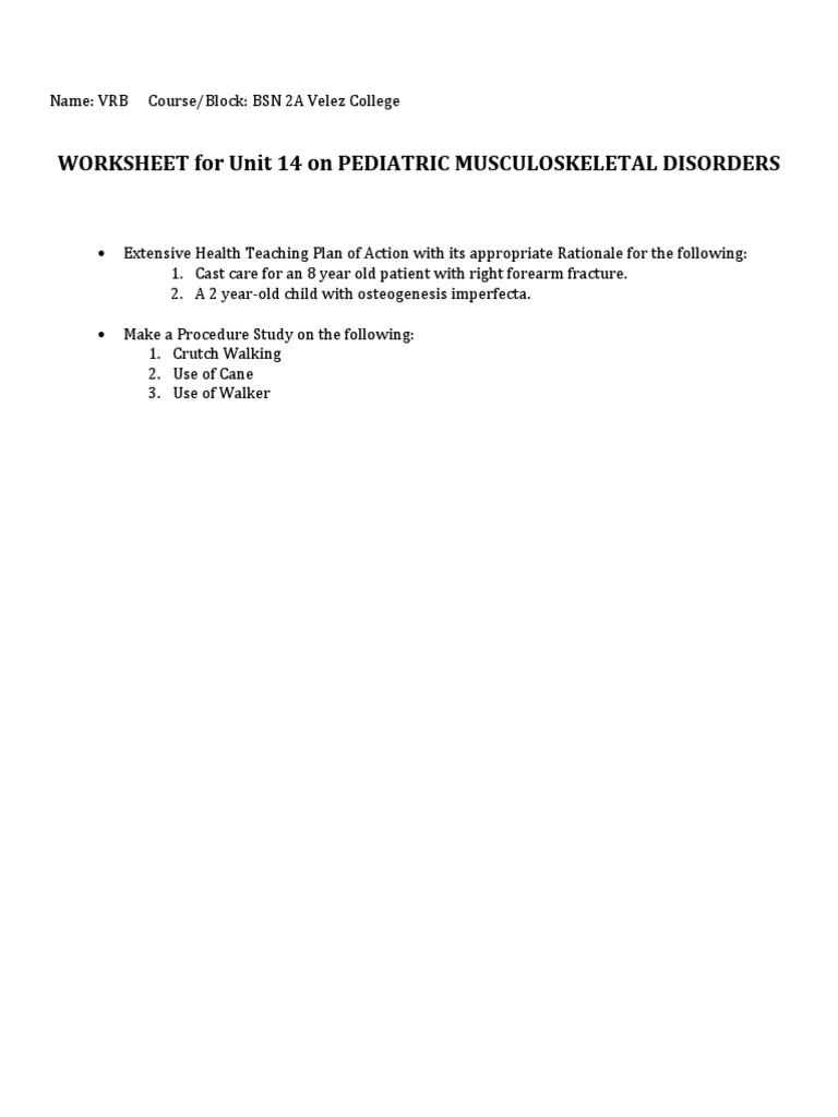 WORKSHEET For Unit 14 On PEDIATRIC MUSCULOSKELETAL DISORDERS | PDF ...