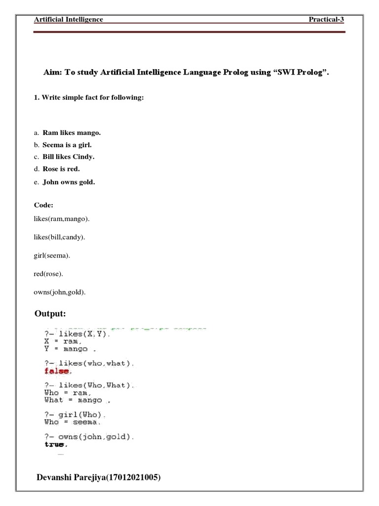 Aim: To Study Artificial Intelligence Language Prolog Using "SWI Prolog ...