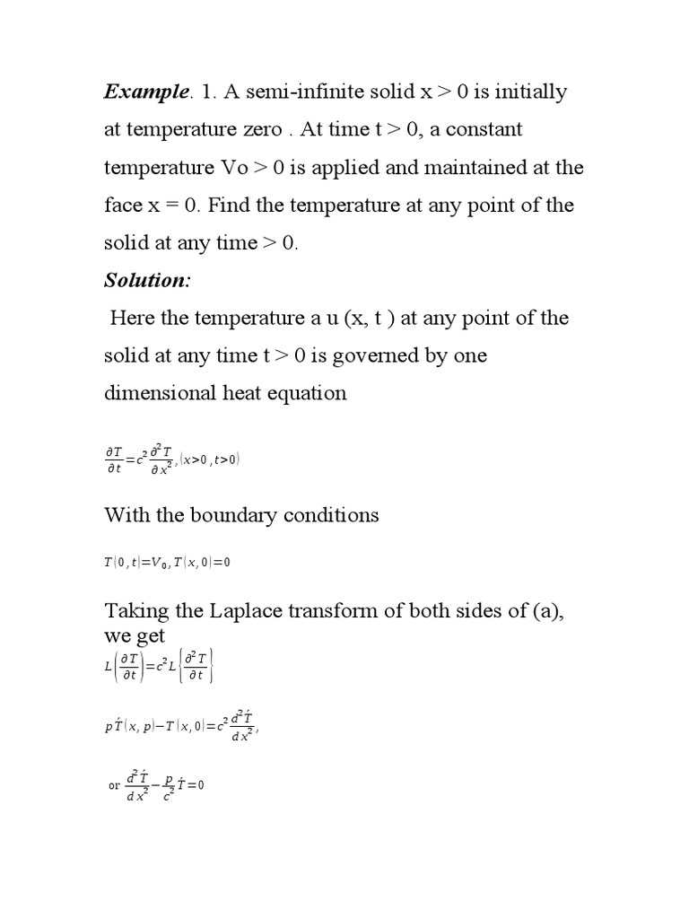 Example. 1. A Semi-Infinite Solid X 0 Is Initially: T T C T X, (X 0, T ...