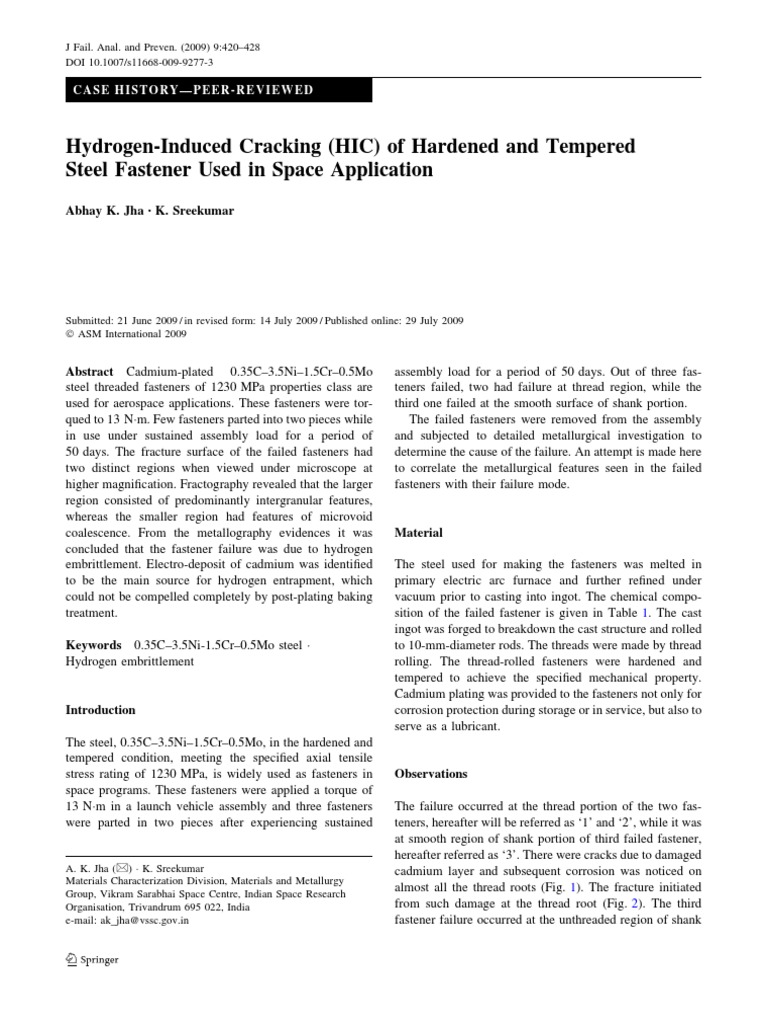 Hydrogen Induced Cracking (HIC) of Hardened and Tempered Steel Fastener ...