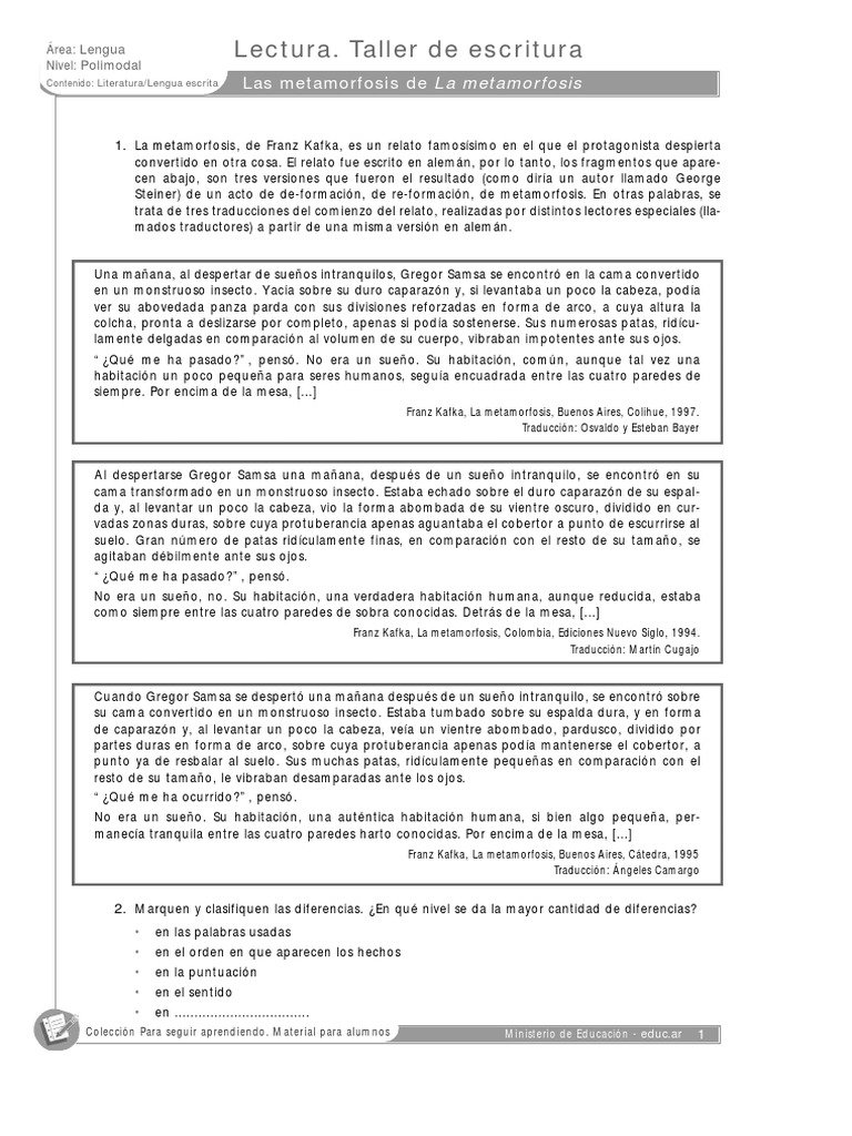 Actividades Sobre La Traducción de La Metamorfosis PDF | PDF | La ...