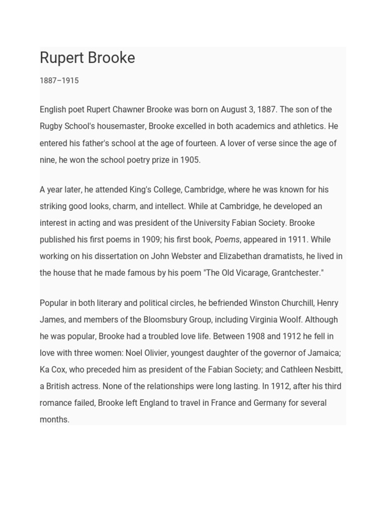 A Brief Biography of English Poet Rupert Brooke (1887-1915), from his ...