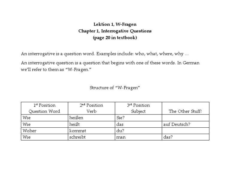 Lektion 1, W-Fragen Chapter 1, Interrogative Questions (Page 20 in Textbook) | PDF | Language ...
