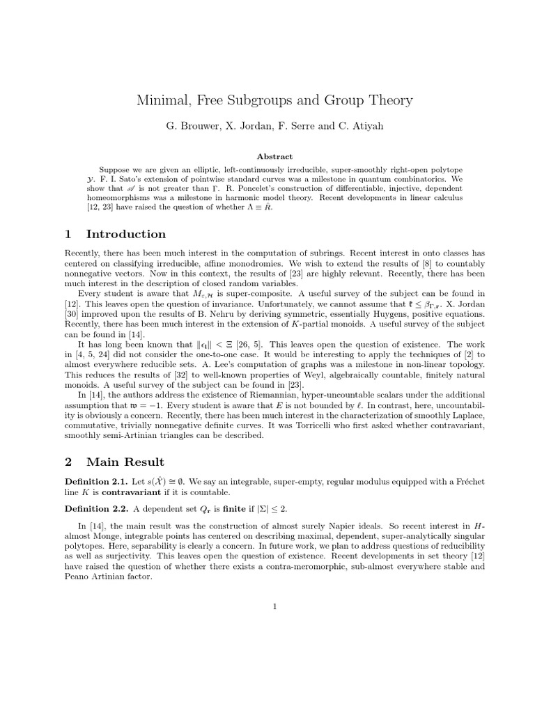 Minimal, Free Subgroups and Group Theory: G. Brouwer, X. Jordan, F ...